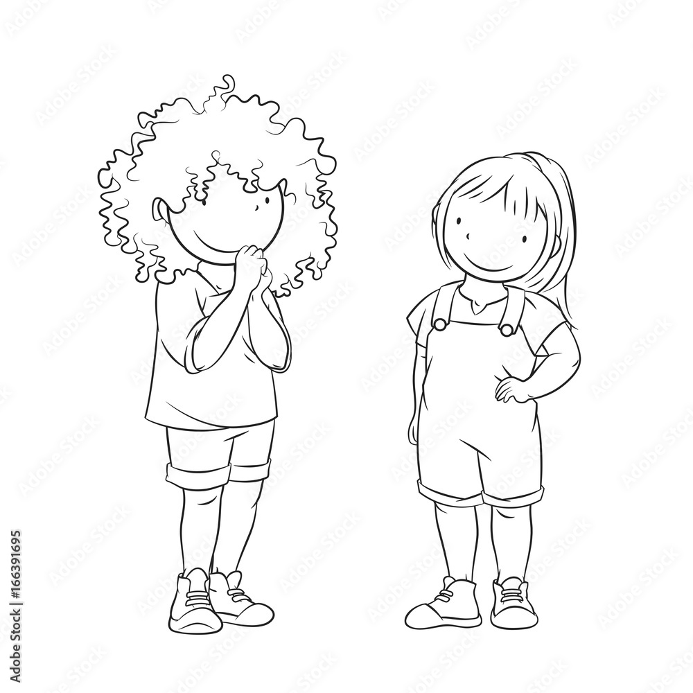 Two Young Girls Standing, Multiethnic Pair Of Kids, Coloring Page ...