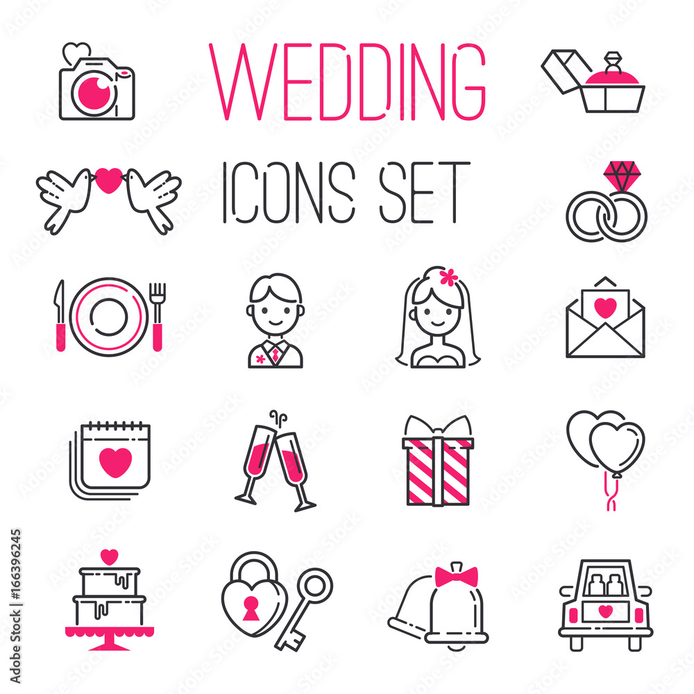 Vetor de Outline wedding day marriage icons set of icons for engagement ...