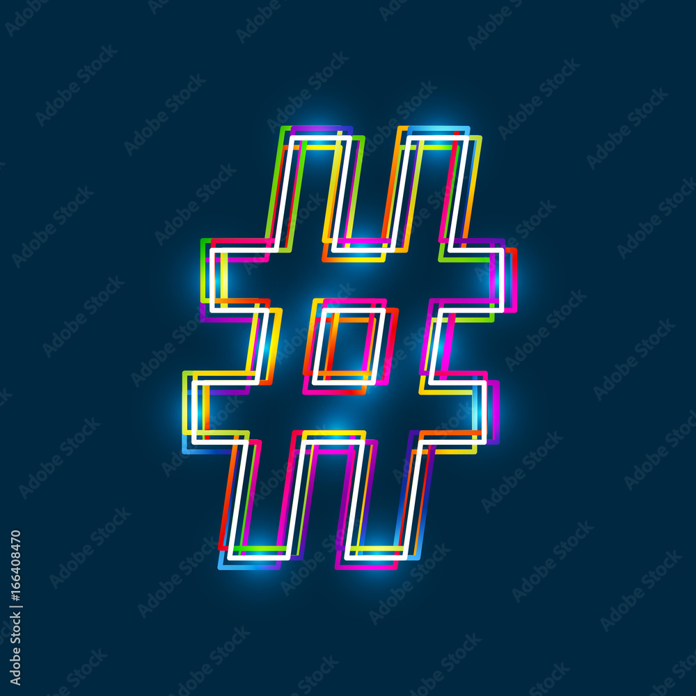 Hashtag, Number sign - Vector multicolored outline font with glowing ...