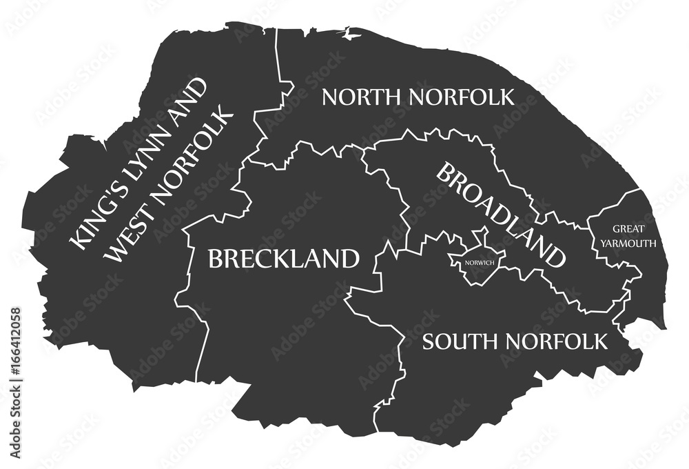 Norfolk county England UK black map with white labels illustration ...