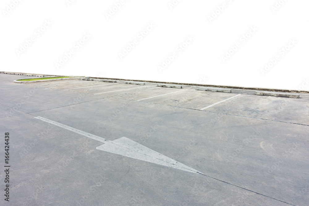 Empty parking lot with road arrow directional sign on white background ...