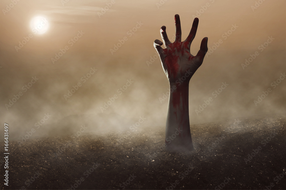 Halloween Concept, Hands out of the ground with a full moon Shrouded in ...