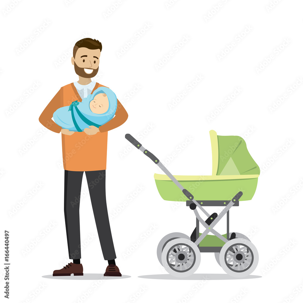 Cartoon young father with newborn baby and pram Stock Illustration ...