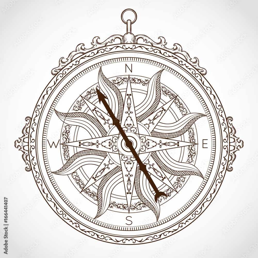 Vintage compass on white background. Isolated element in line art style ...