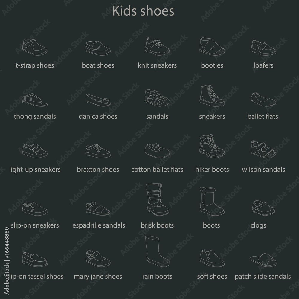 Kids shoes, set, collection of fashion footwear with names. Baby, girl ...