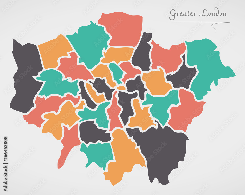 Greater London England Map with states and modern round shapes Stock ...