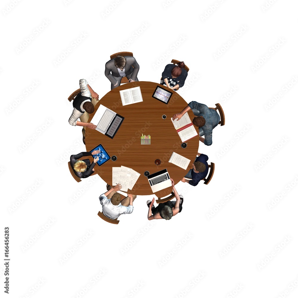 People sitting at a round table in a meeting - business - top view ...