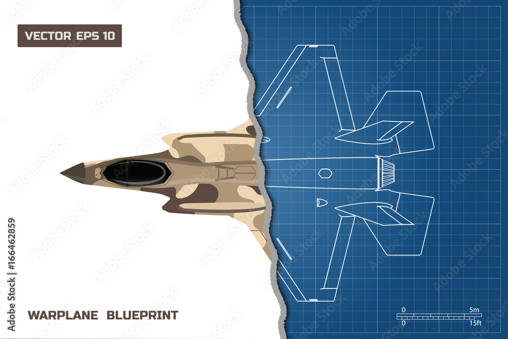 Drawing of military aircraft. Industrial blueprint. Top view. Fighter ...