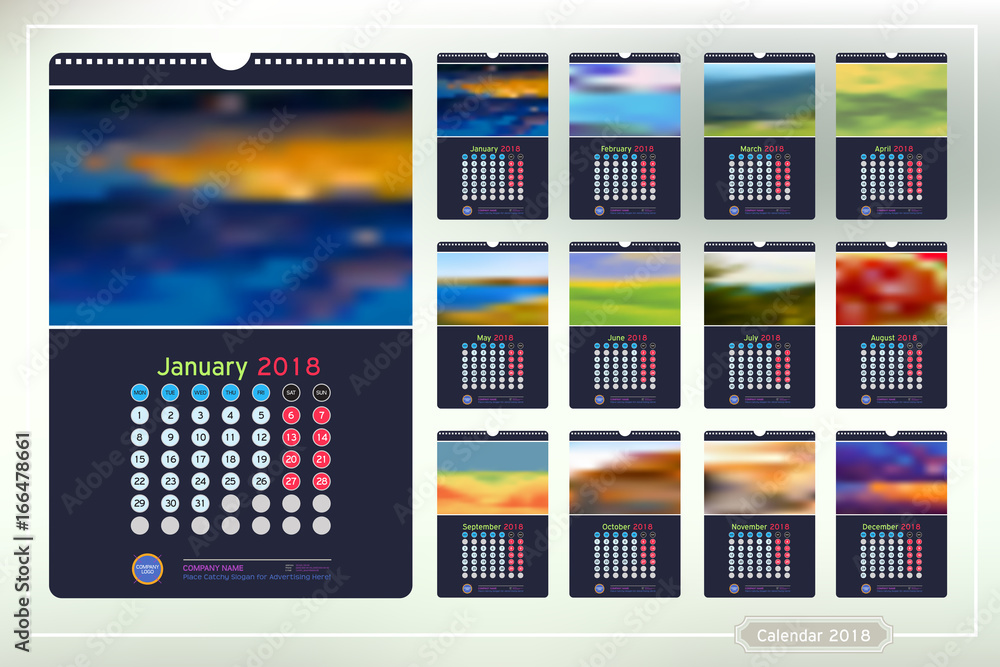 Monthly Calendar for Year 2018. Vector Design Template with Space for ...