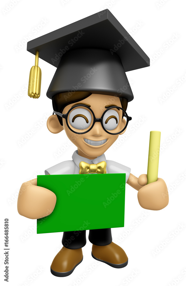 3D Scholar Man Mascot hand is holding a Chalk and Chalkboard. Work and ...