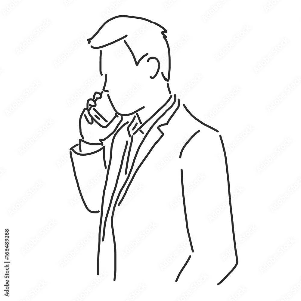 Businessman is making a phone call to client, line drawing vector ...