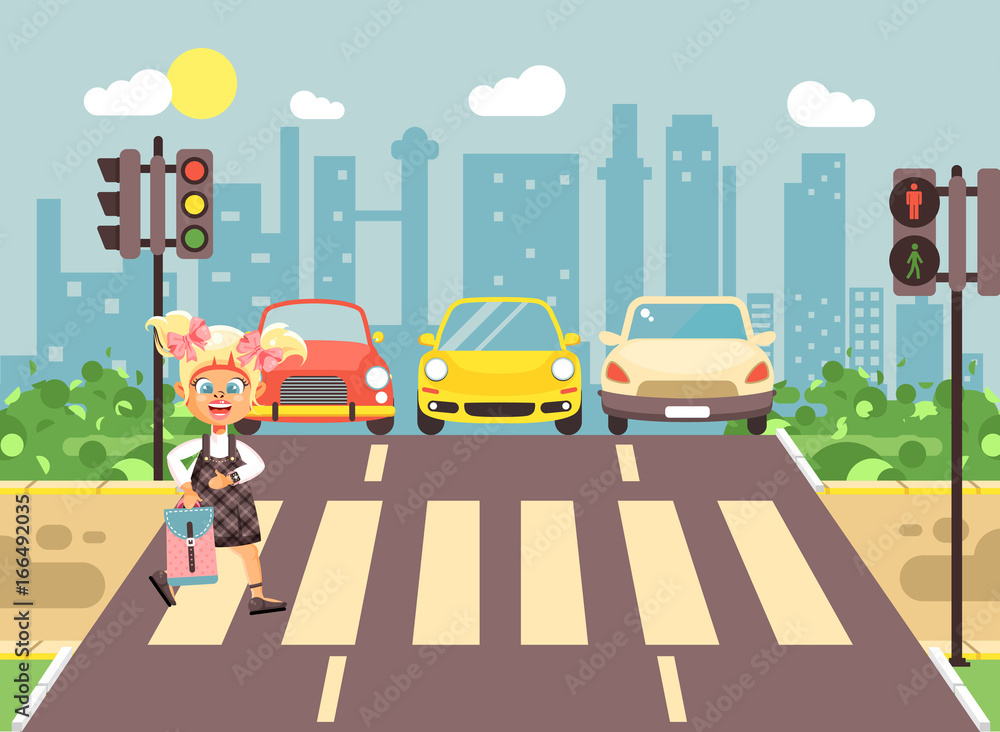 Cartoon Girl Going To School In Car