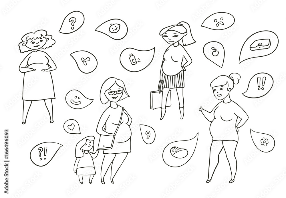 Vector black and white sketch illustration set of pregnant women ...