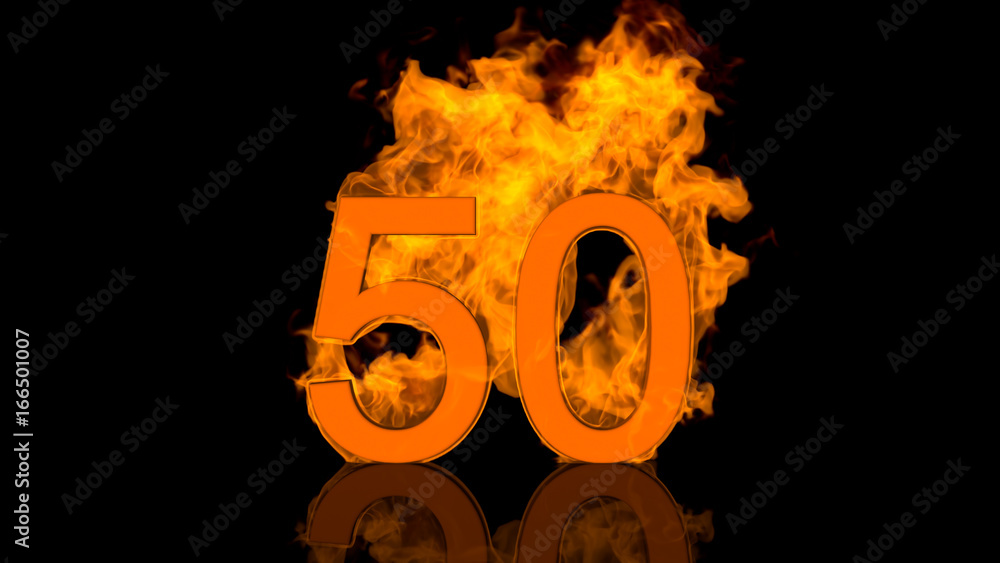 Flaming Number Fifty Centred on Black Background with Reflection as 3D ...