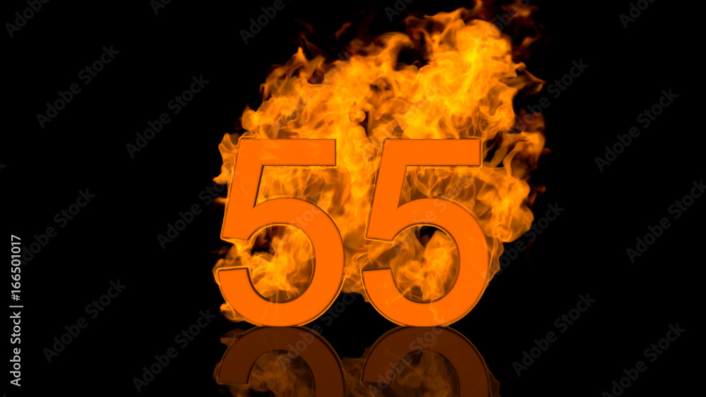 Flaming Number Fifty Five Centred on Black Background with Reflection ...