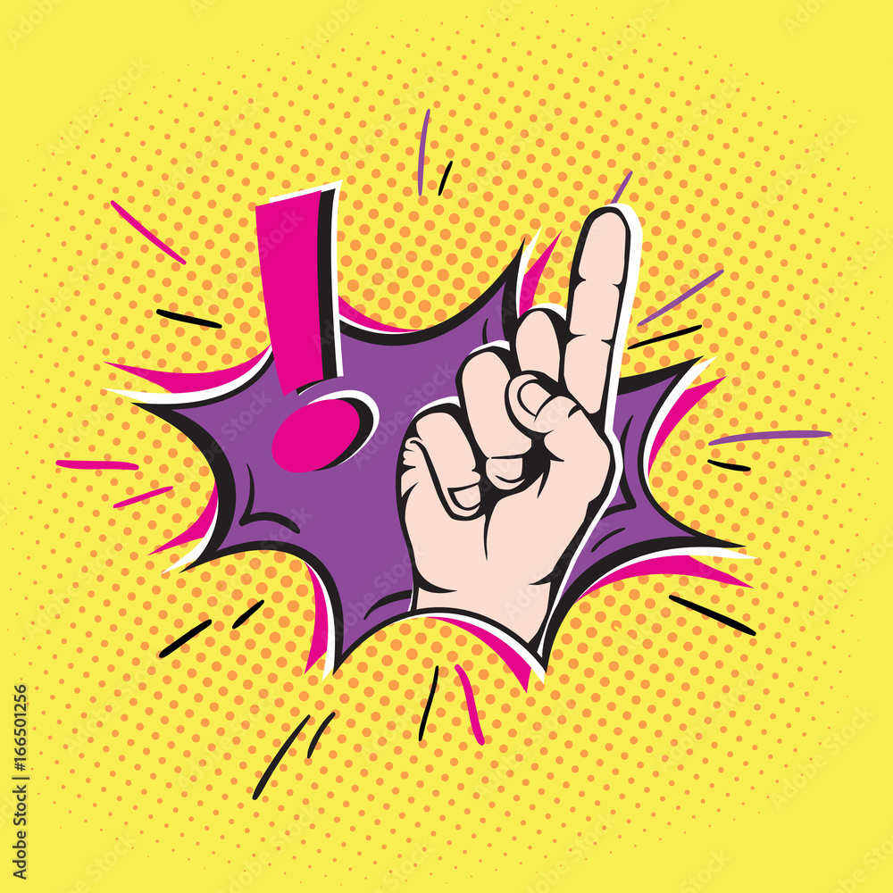 Finger pointing up with exclamation sign.Pop art style. Stock Vector ...
