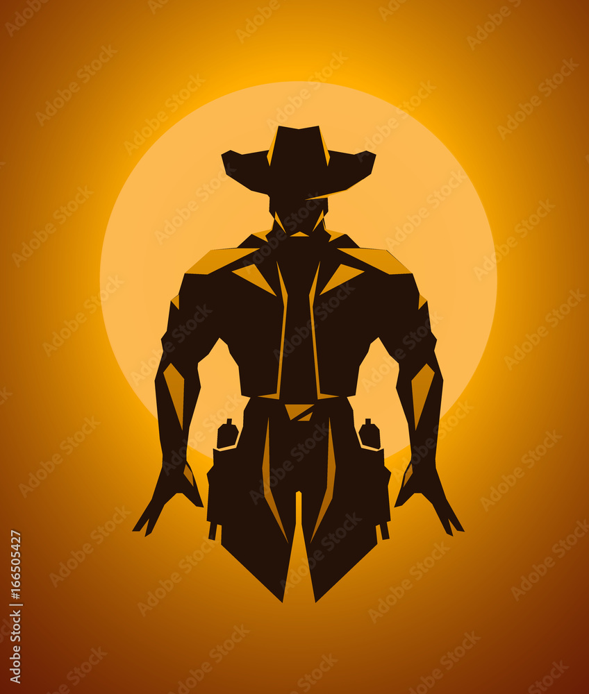 Silhouette of retro wild west cowboy. Sunset in prairie, vector ...