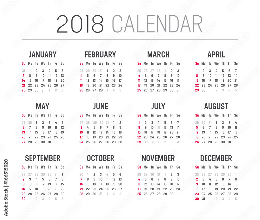 Year 2018 calendar - minimalist vector template Stock Vector | Adobe Stock