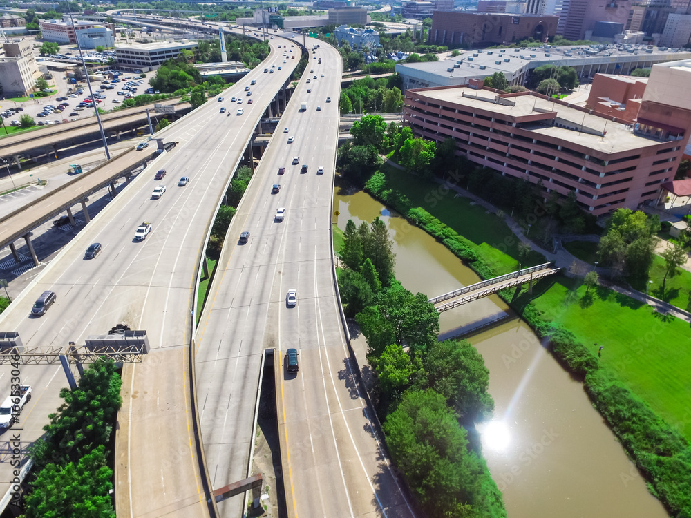 Aerial view highway I45 (Gulf Freeway), asphalt elevated road and Bayou ...