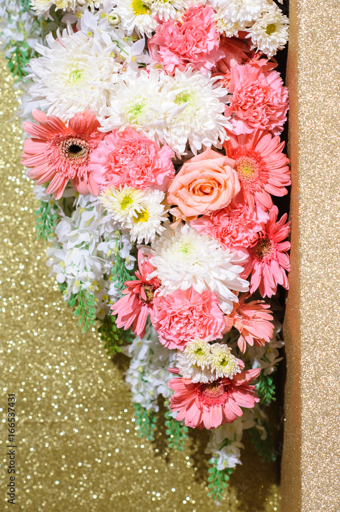 flower backdrop with many types of pastel flowers on wedding backdrop ...