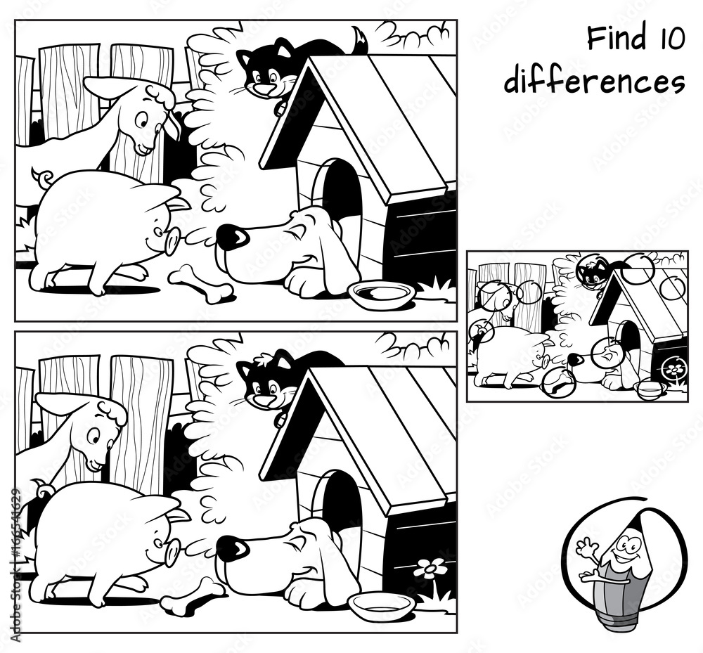 Little pig, goat, cat and dog sleeping in a doghouse. Find 10 ...