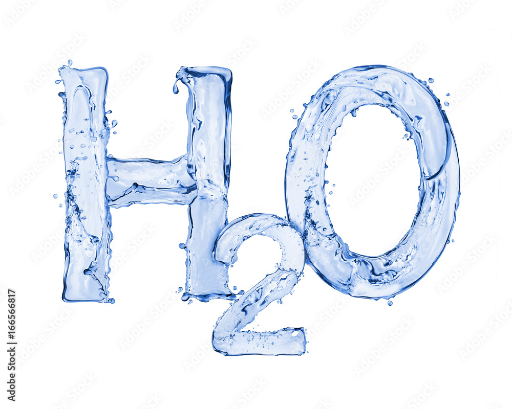 Chemical formula of water made of water splashes, isolated on white ...