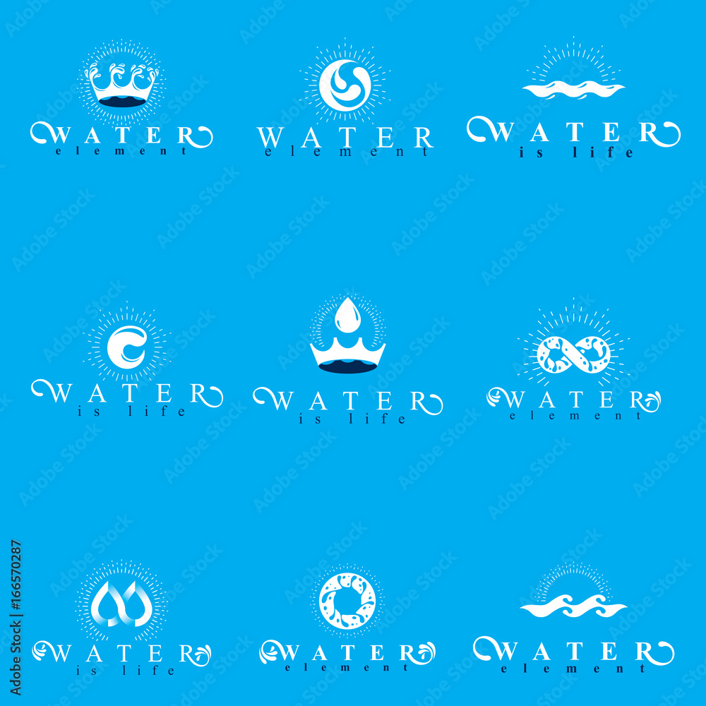 Fresh mineral water design emblems like water drops, H2O symbols, wave ...