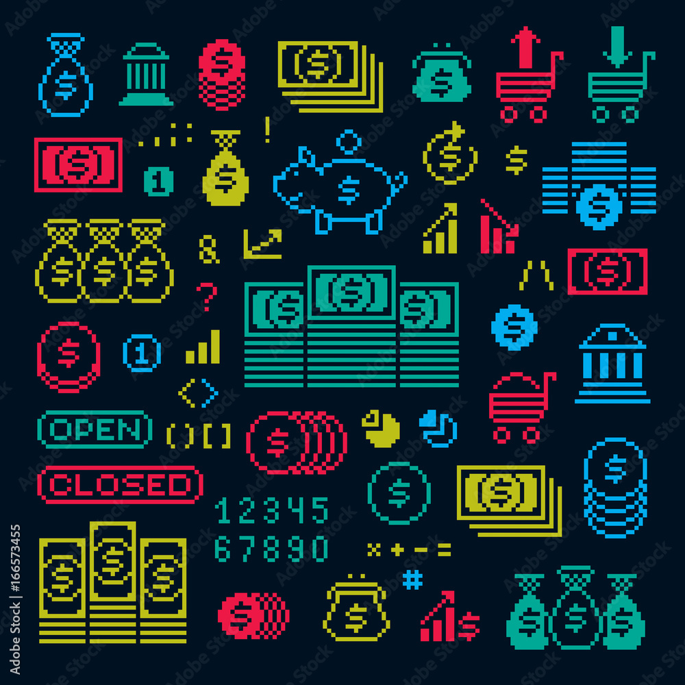 Vector flat 8 bit icons, collection of simple geometric pixel symbols ...