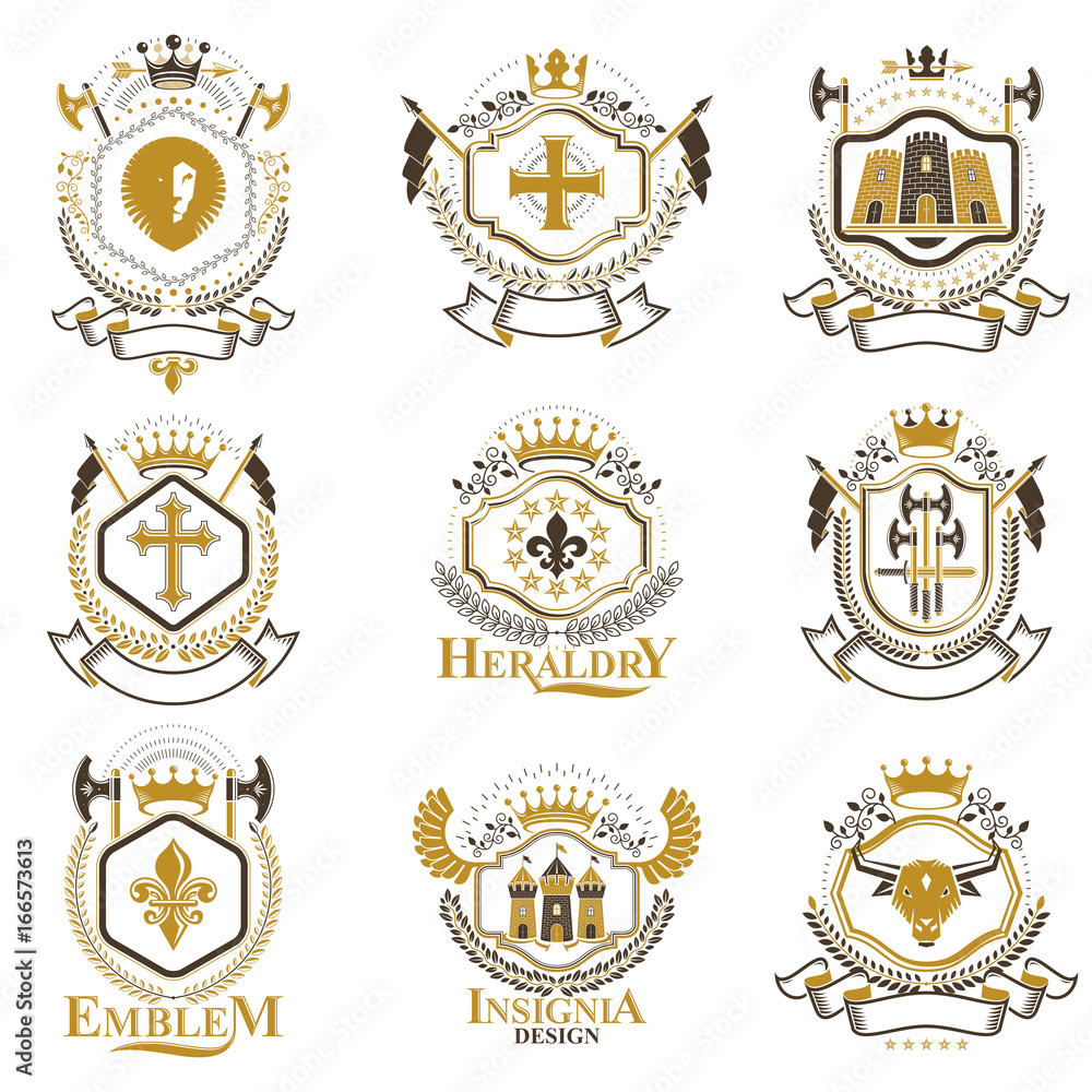 Vintage heraldry design templates, vector emblems created with bird ...