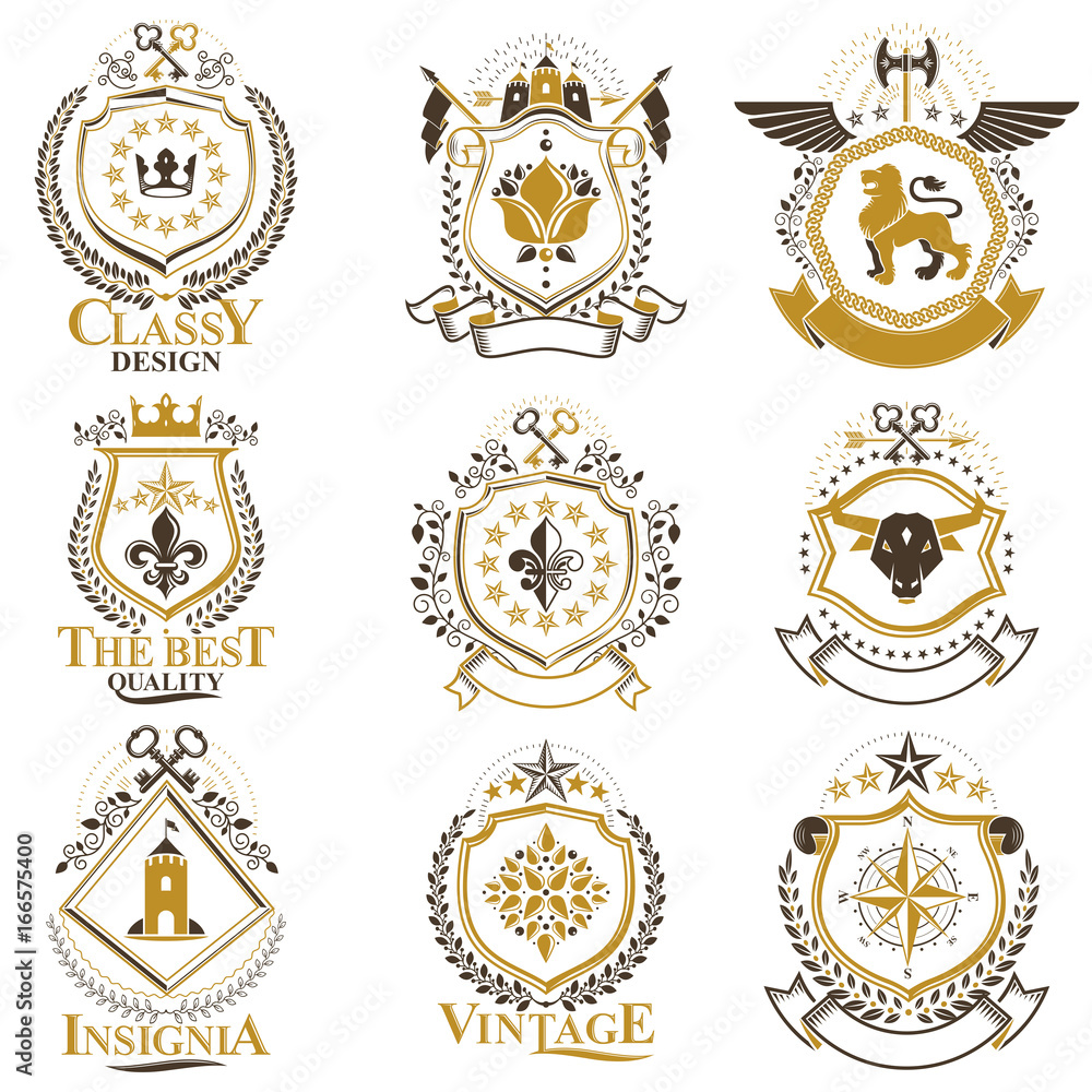 Vintage decorative heraldic vector emblems composed with elements like ...
