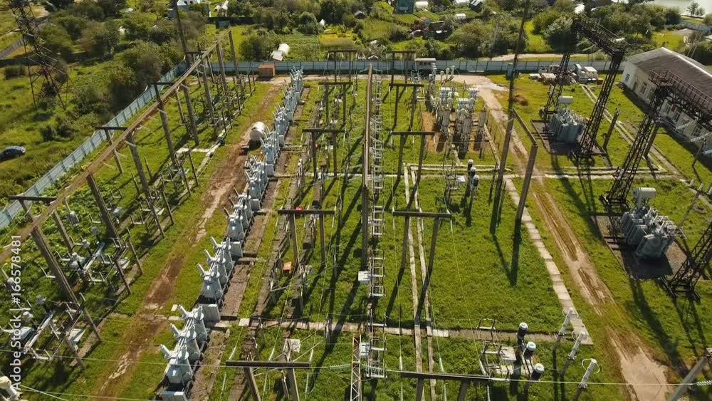 Aerial view Power plant, transformation station, cables and wires. High ...