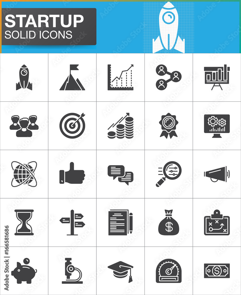 Startup and new business vector icons set, modern solid symbol ...