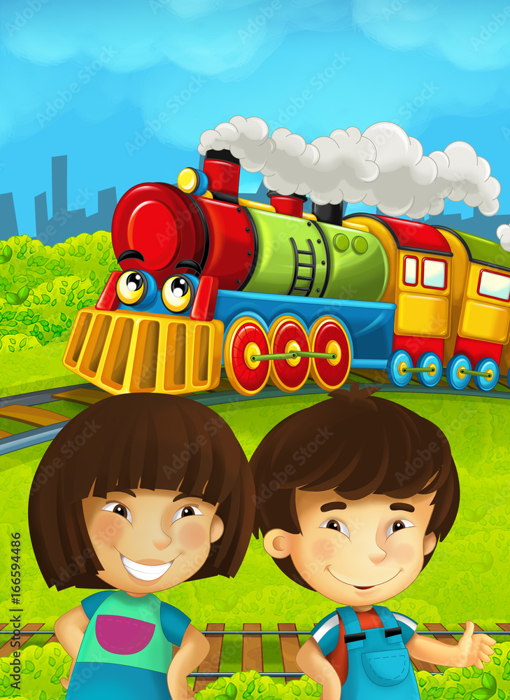 Cartoon train scene with happy kids having fun on the playground ...