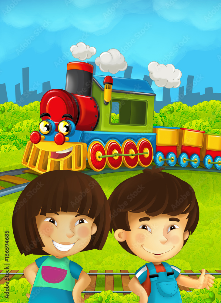 Cartoon train scene with happy kids having fun on the playground ...