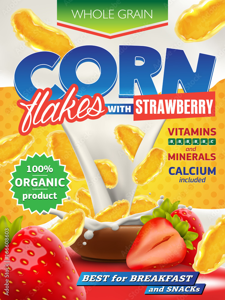 Realistic corn flakes with sweet delicious strawberry ad illustration ...