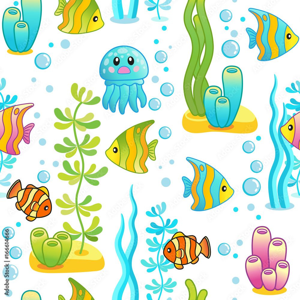 seamless pattern with underwater design and funny sea creatures ...