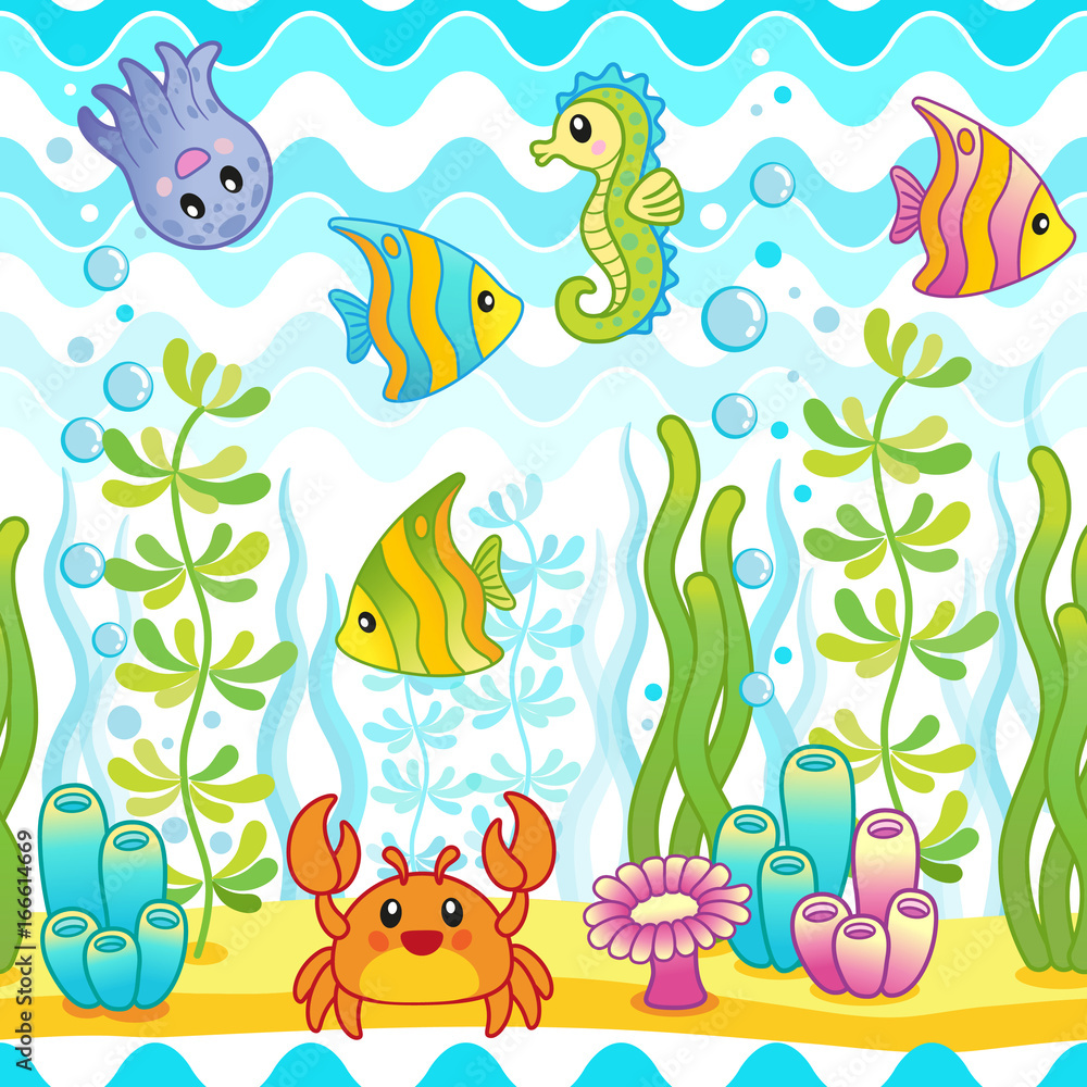 seamless pattern with underwater design and funny sea creatures ...
