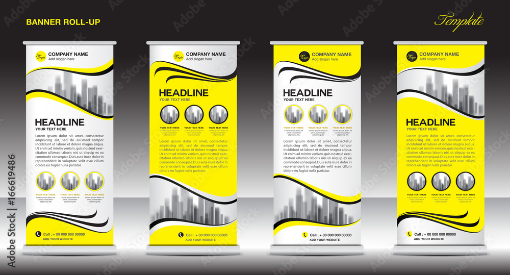 Roll up banner stand template design, Yellow banner layout ...