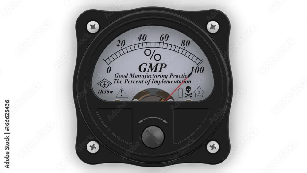 GMP. Good Manufacturing Practice indicator. Analog indicator showing ...