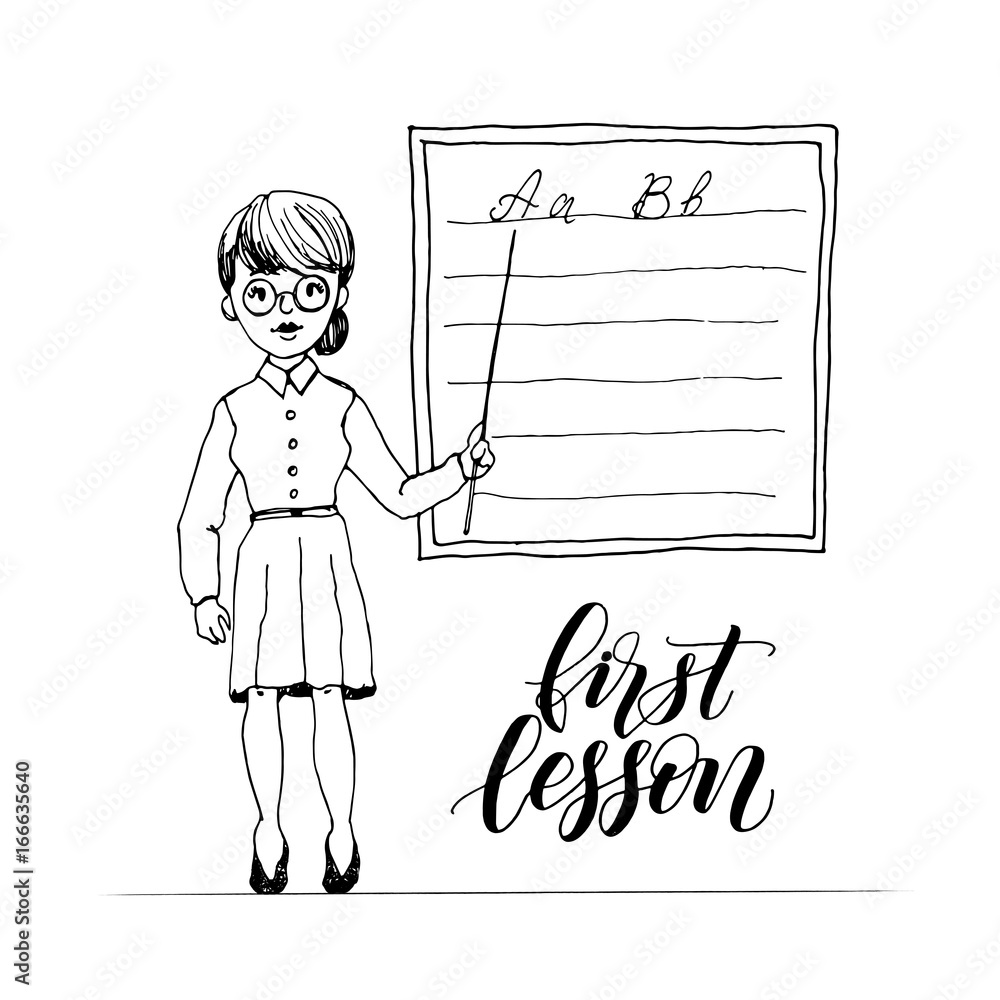 Teacher teaching at class on the chalkboard with a pointer. First ...