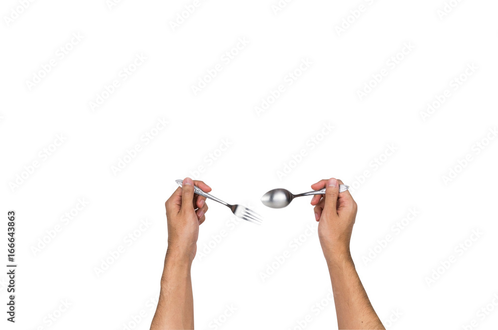 Hand holding spoon and fork top view, isolated on white background ...