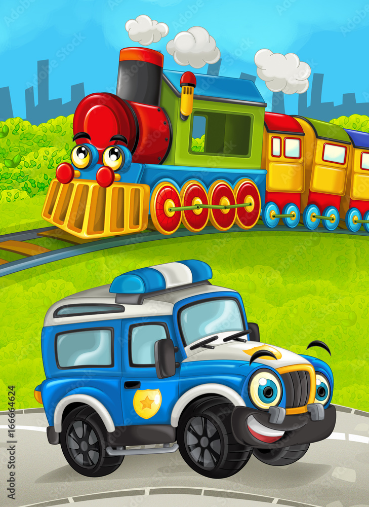 Cartoon train scene on the meadow with off road police truck ...