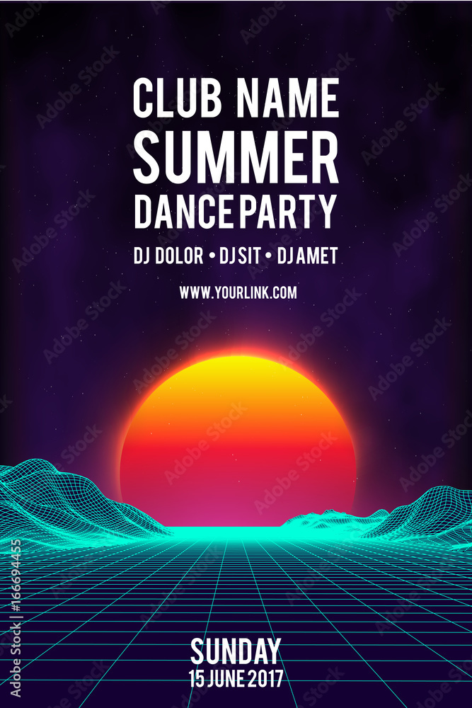 Night dance party poster vector background. 80s retro style Music event ...