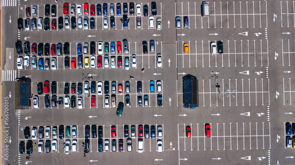 Aerial view of parking lot with many cars from above, transportation ...