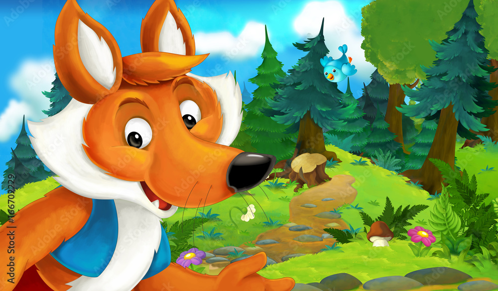 Cartoon scene of a happy fox standing and watching - illustration for ...