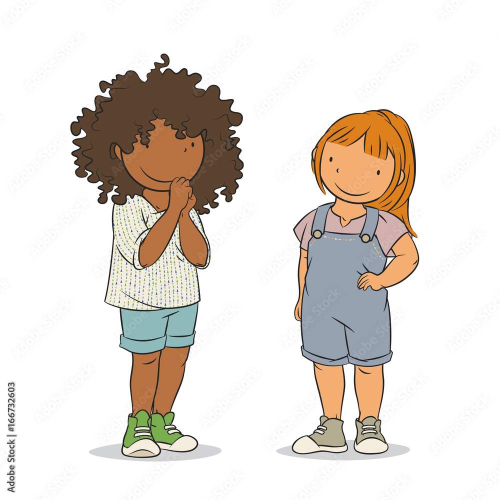 Two Young Girls Standing, Multiethnic Pair Of Kids, Vector Illustration ...