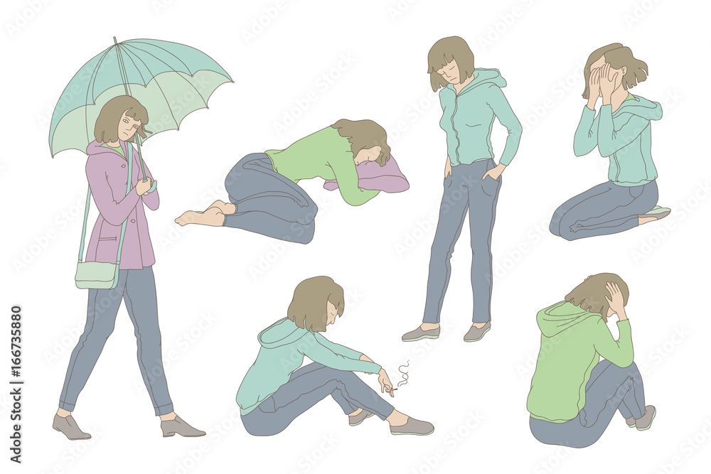 Vector colored set sketch illustration sad girl teen. Young woman in ...