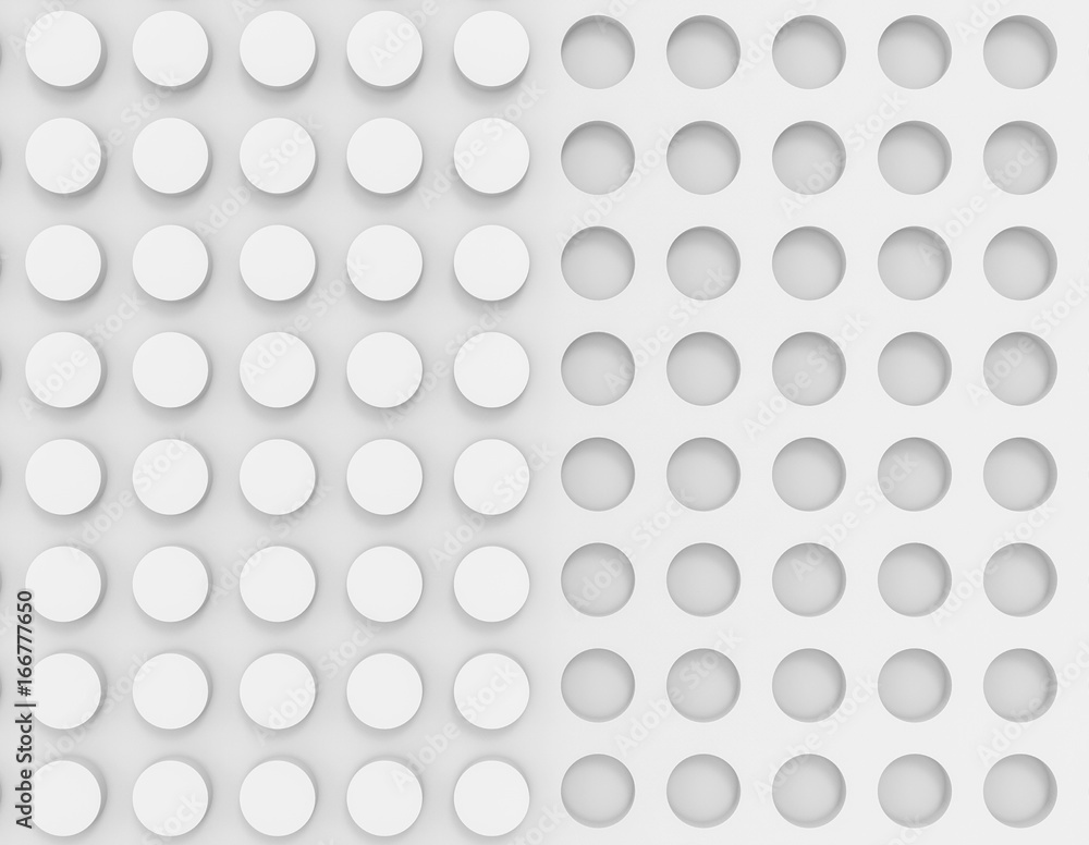 3d illustration. white concave circle buttons and convex buttons wall ...