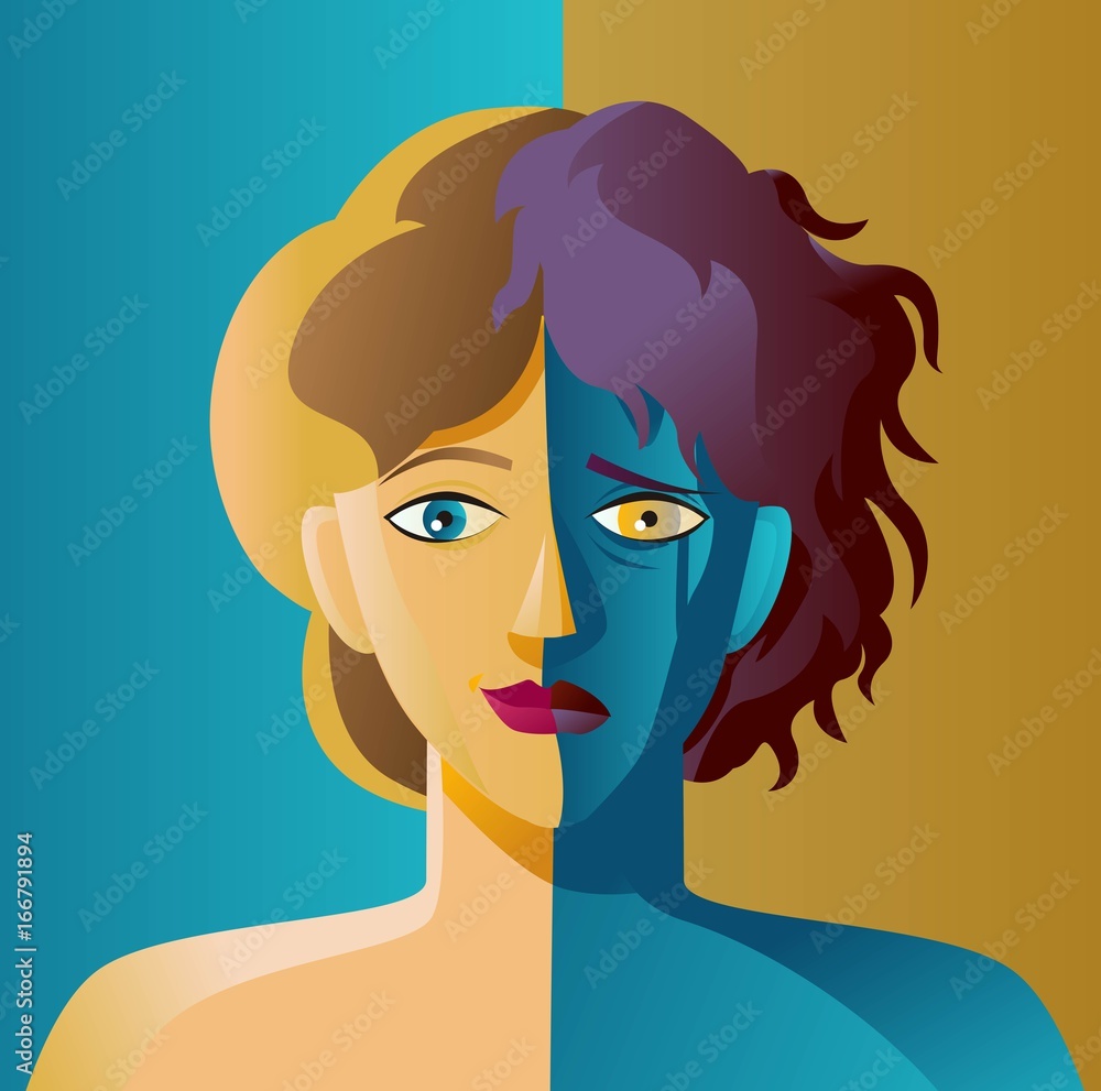 split face double personality bipolar sad and happy woman Stock Vector ...