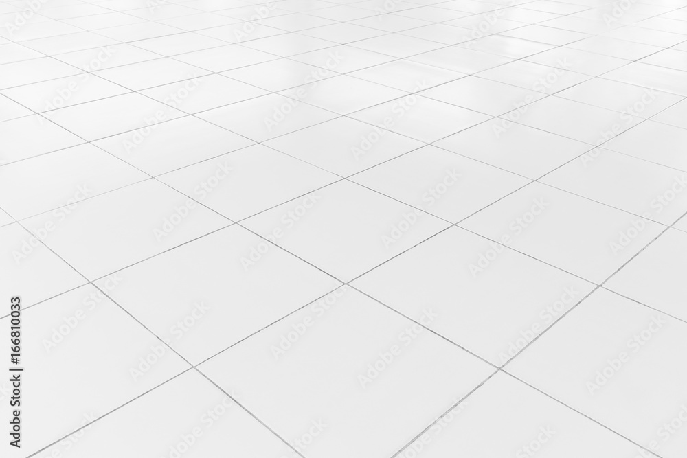White tile floor background in perspective view. Clean, shiny, symmetry ...